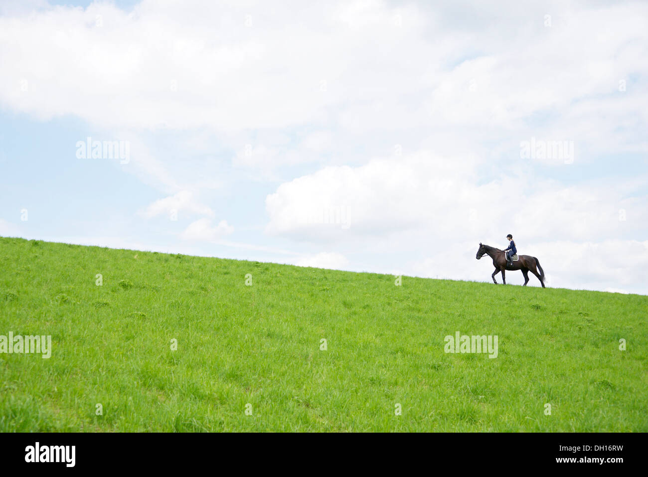 Woman Riding Horse in Rural Landscape, Baden Wuerttemberg, Germany ...