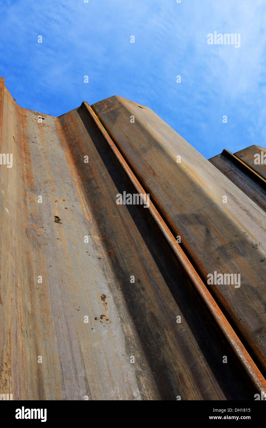 Image looking up some earth supporting sheet piles from down in an ...