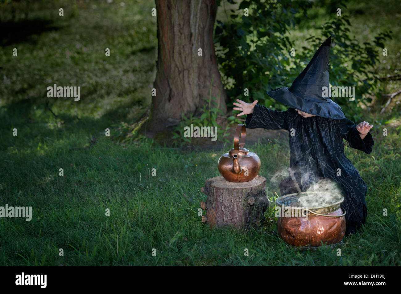 Little halloween witch , boiling a potion, outdoors in the woods Stock ...