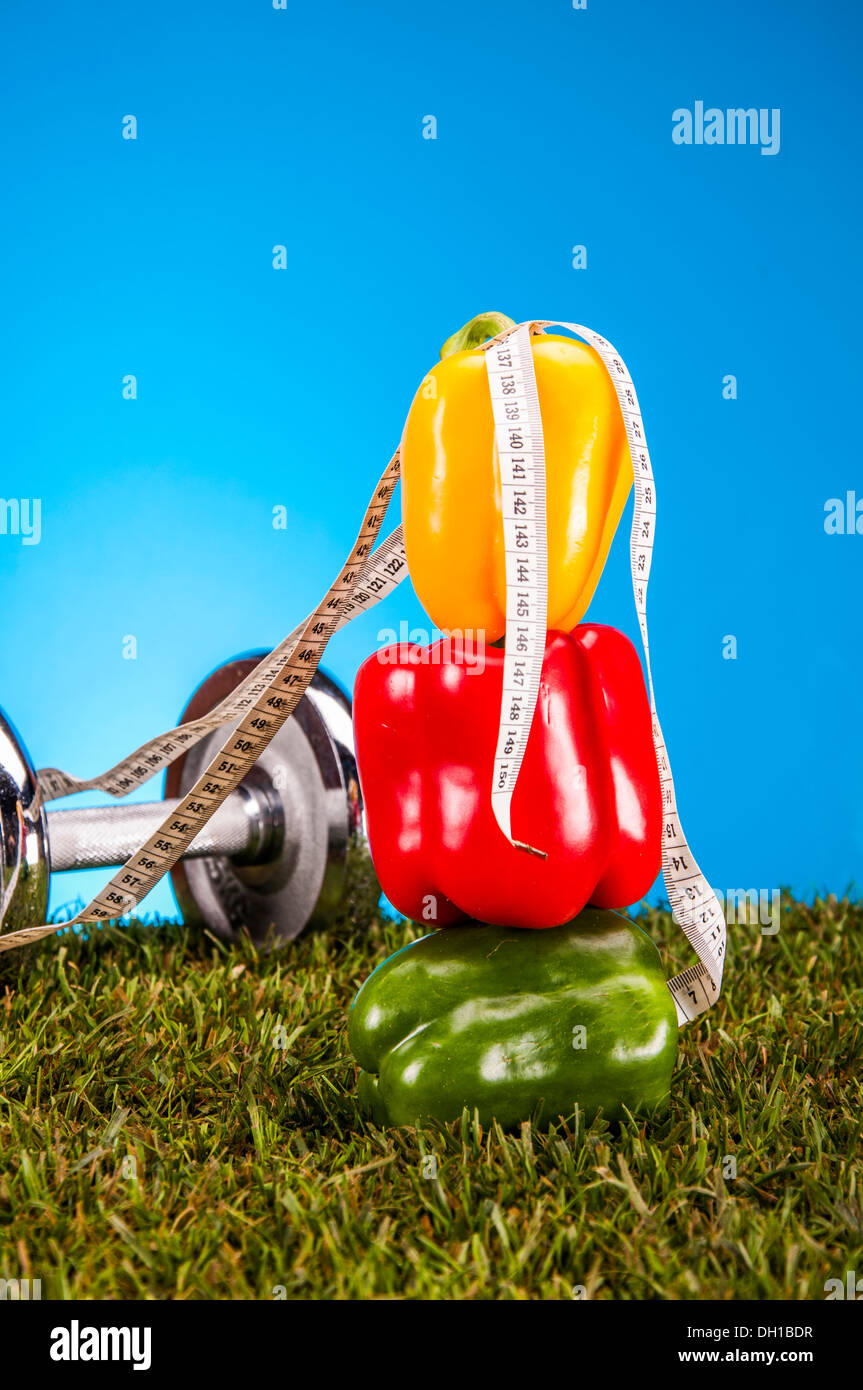 Fitness composition with fruits and vegetables Stock Photo - Alamy