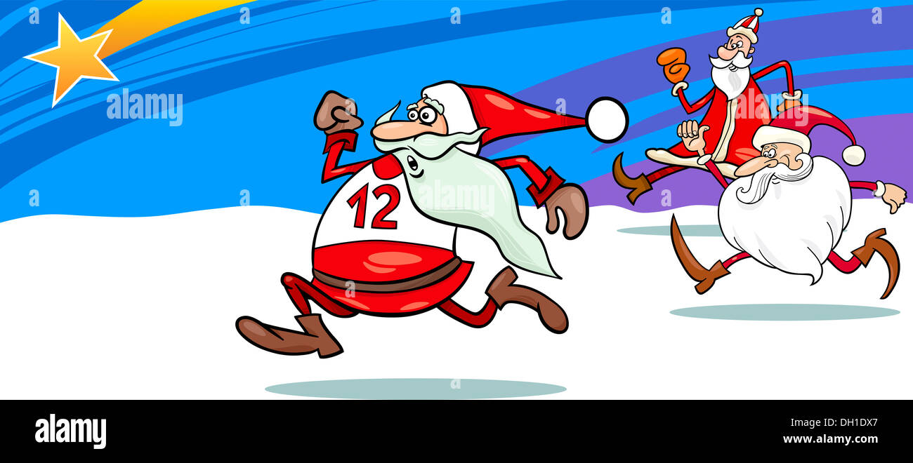 Greeting Card Cartoon Illustration of Santa Clauses Running for ...
