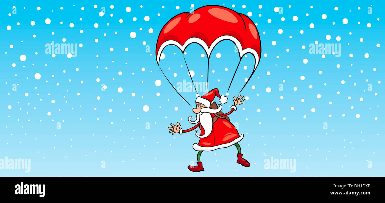Greeting Card Cartoon Illustration of Santa Claus Flying on Parachute ...