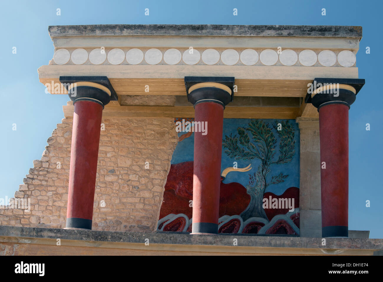 Restored North Propylaeum with charging bull fresco at Knossos, Crete ...
