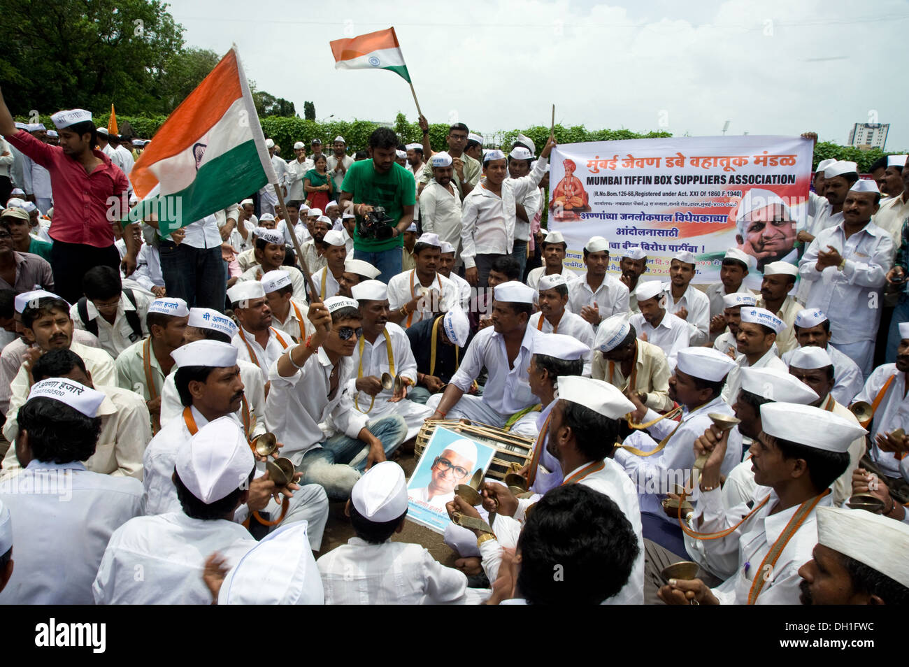 Men playing cymbals agitation demonstration protest Anna Hazare ...
