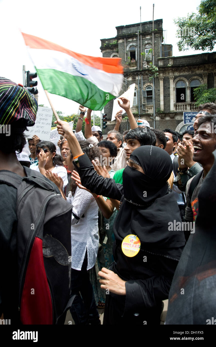 Young people agitation demonstration protest Anna Hazare supporters ...