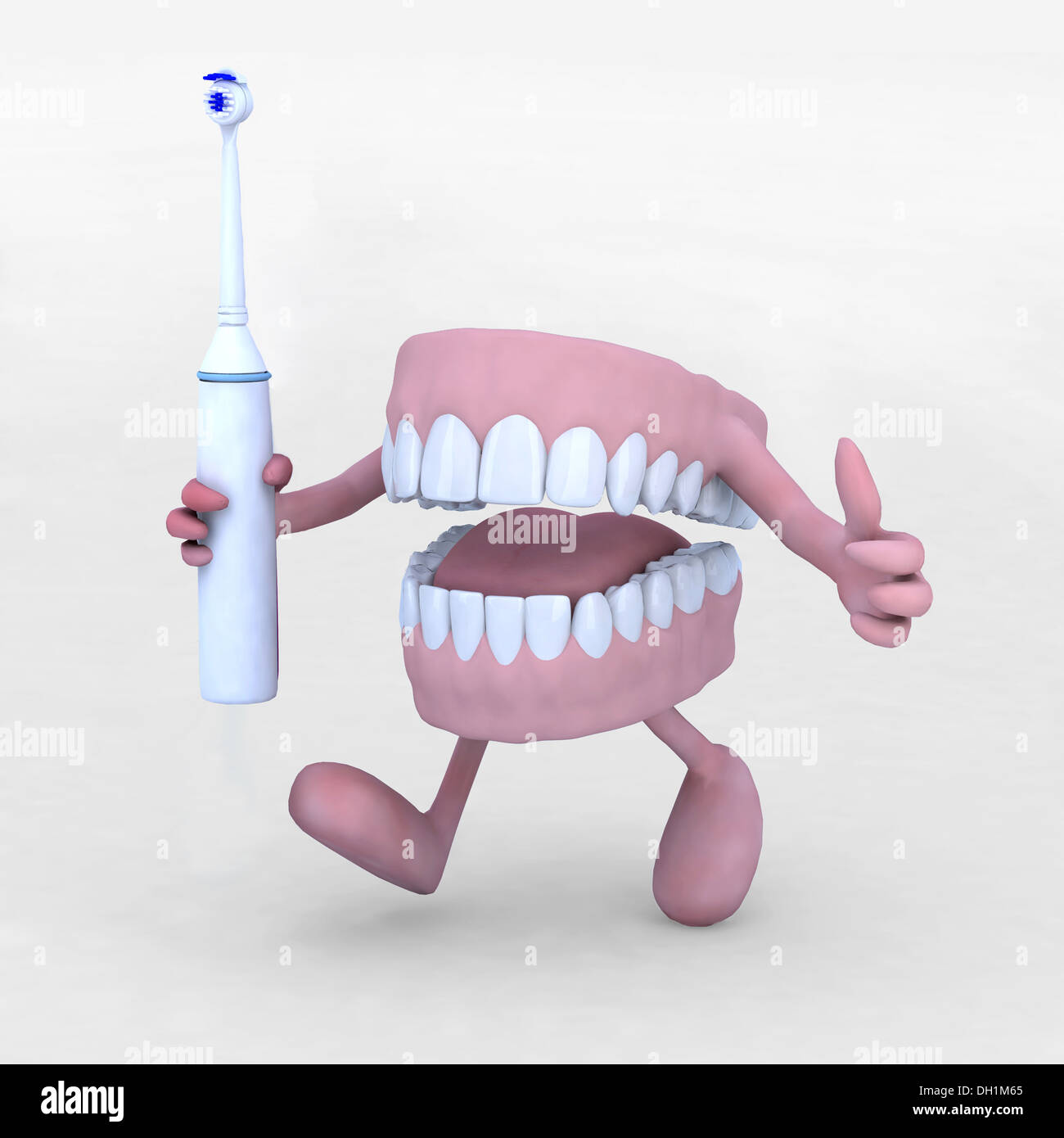 open denture cartoon with arms, legs and electric tootbrush, 3d ...
