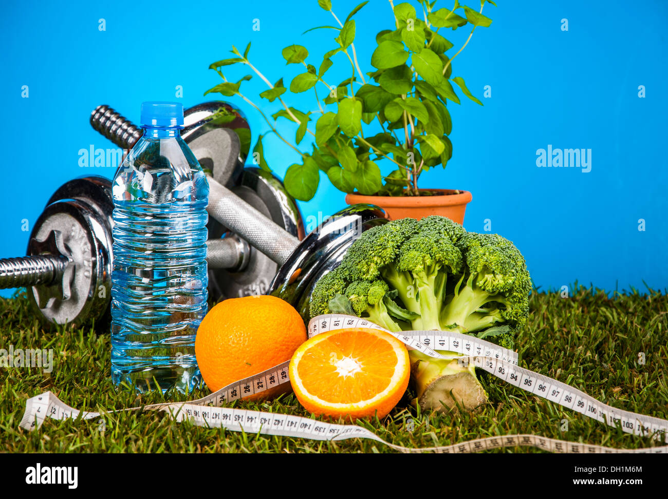 Fitness composition with fruits and vegetables Stock Photo - Alamy