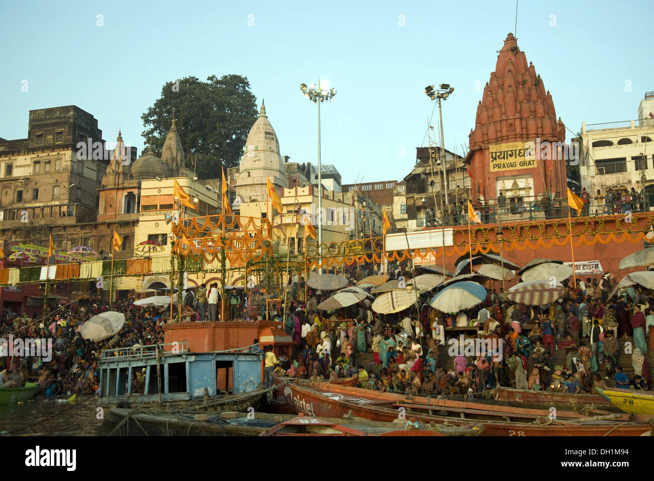 boats people umbrellas temples Prayag Ghat Kashi varanasi uttar pradesh ...