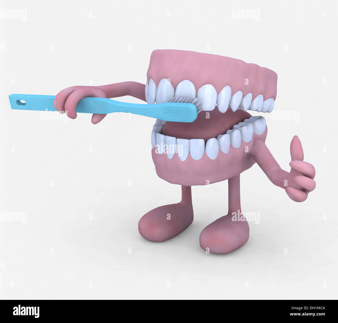 open denture cartoon with arms, legs washing toot with tootbrush, 3d ...