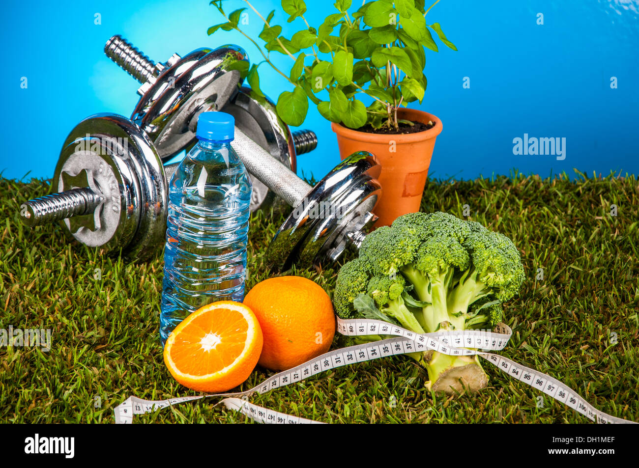 Fitness composition with fruits and vegetables Stock Photo - Alamy