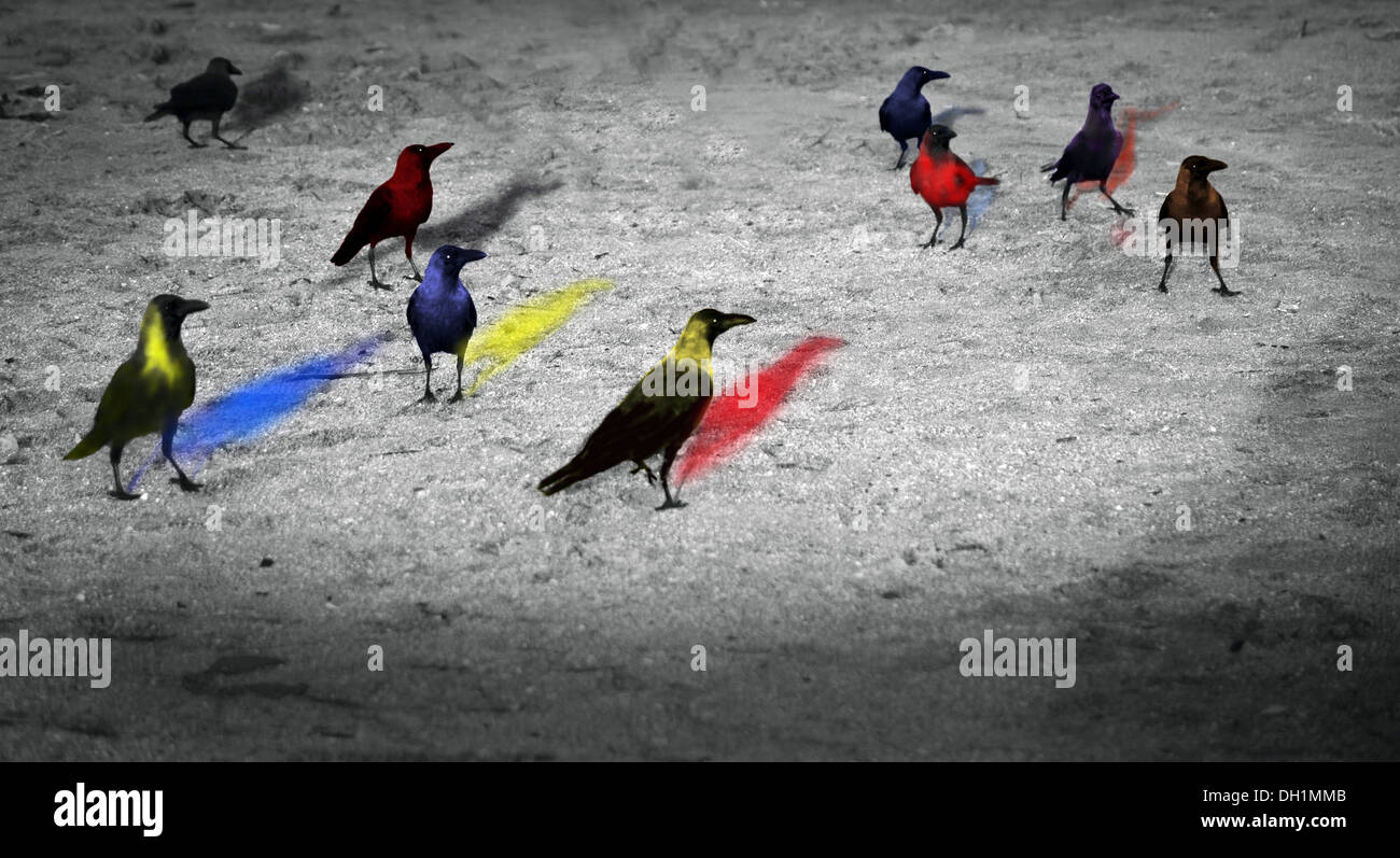 black crows painted shadows red blue yellow Stock Photo - Alamy