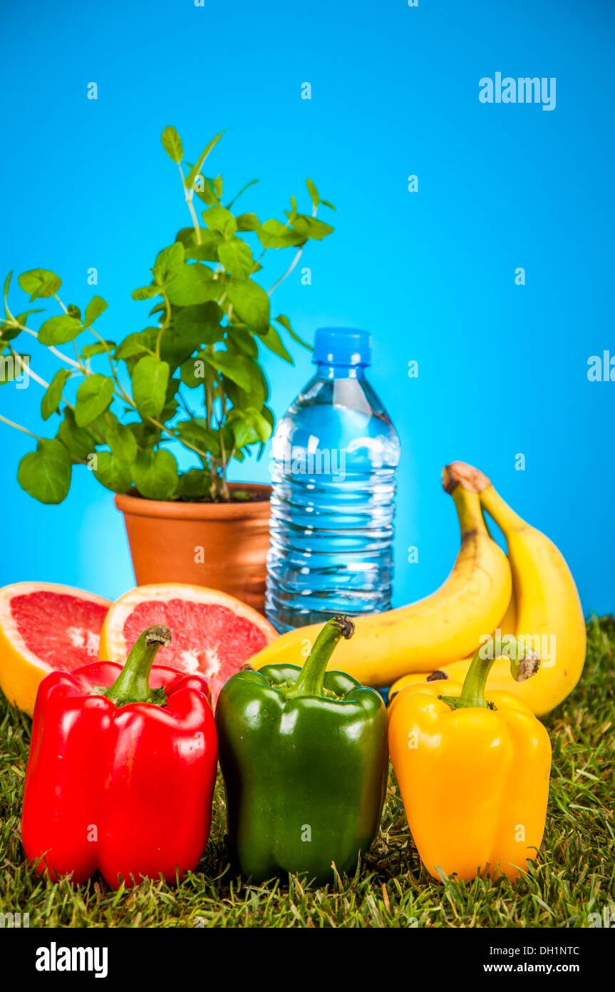 Fitness composition with fruits and vegetables Stock Photo - Alamy