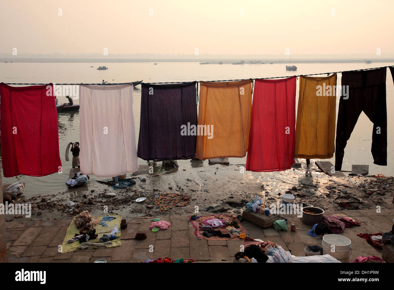 laundry clothes drying Ganga River ganges Varanasi Uttar Pradesh India ...