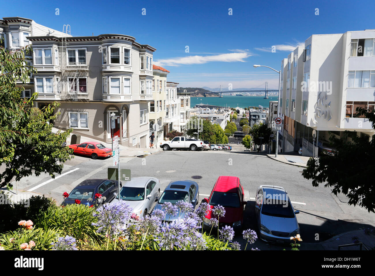 Telegraph Hill district with a view towards Bay Bridge, San Francisco ...
