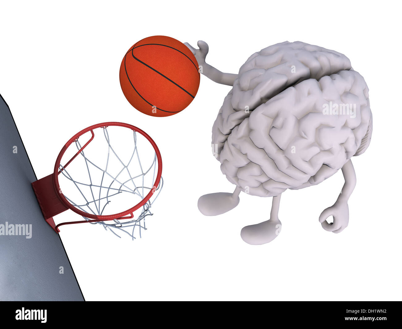human brain with arms and legs playing to a basket ball, 3d ...