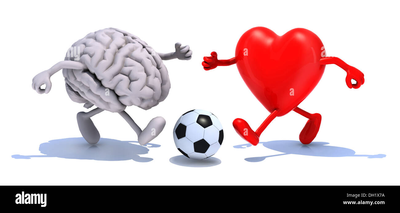 human brain and heart with his arms and legs running to a soccer ball ...