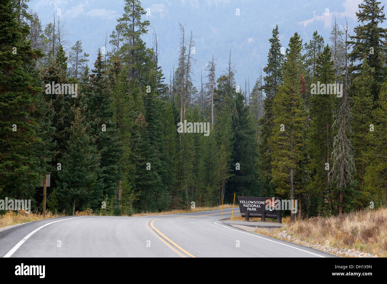 Yellowstone National Park, sign at the Northeast Entrance, Wyoming, USA ...