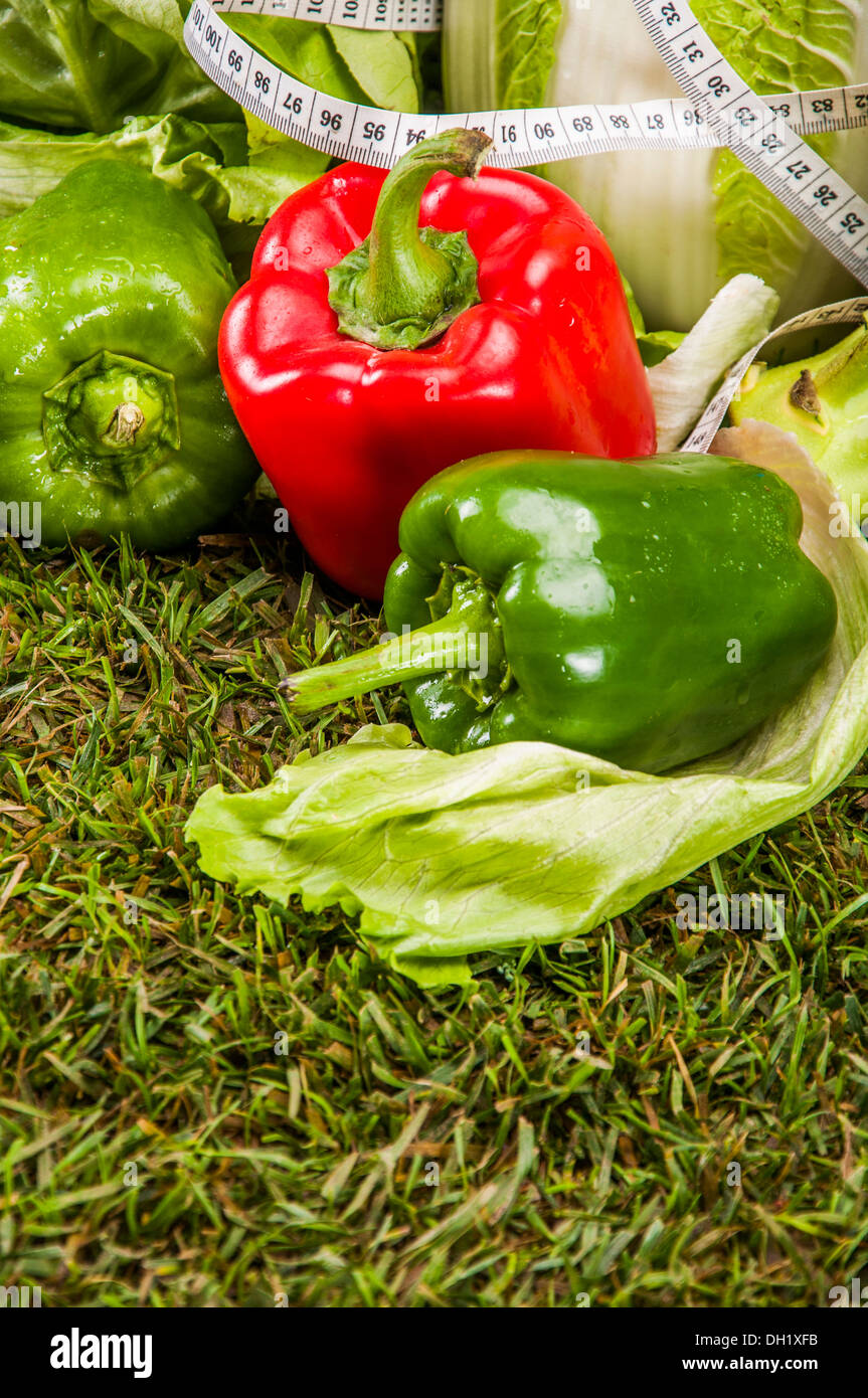Fitness composition with fruits and vegetables Stock Photo - Alamy
