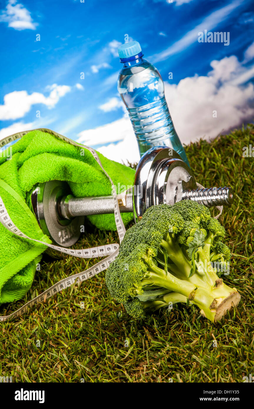 Fitness composition with fruits and vegetables Stock Photo - Alamy