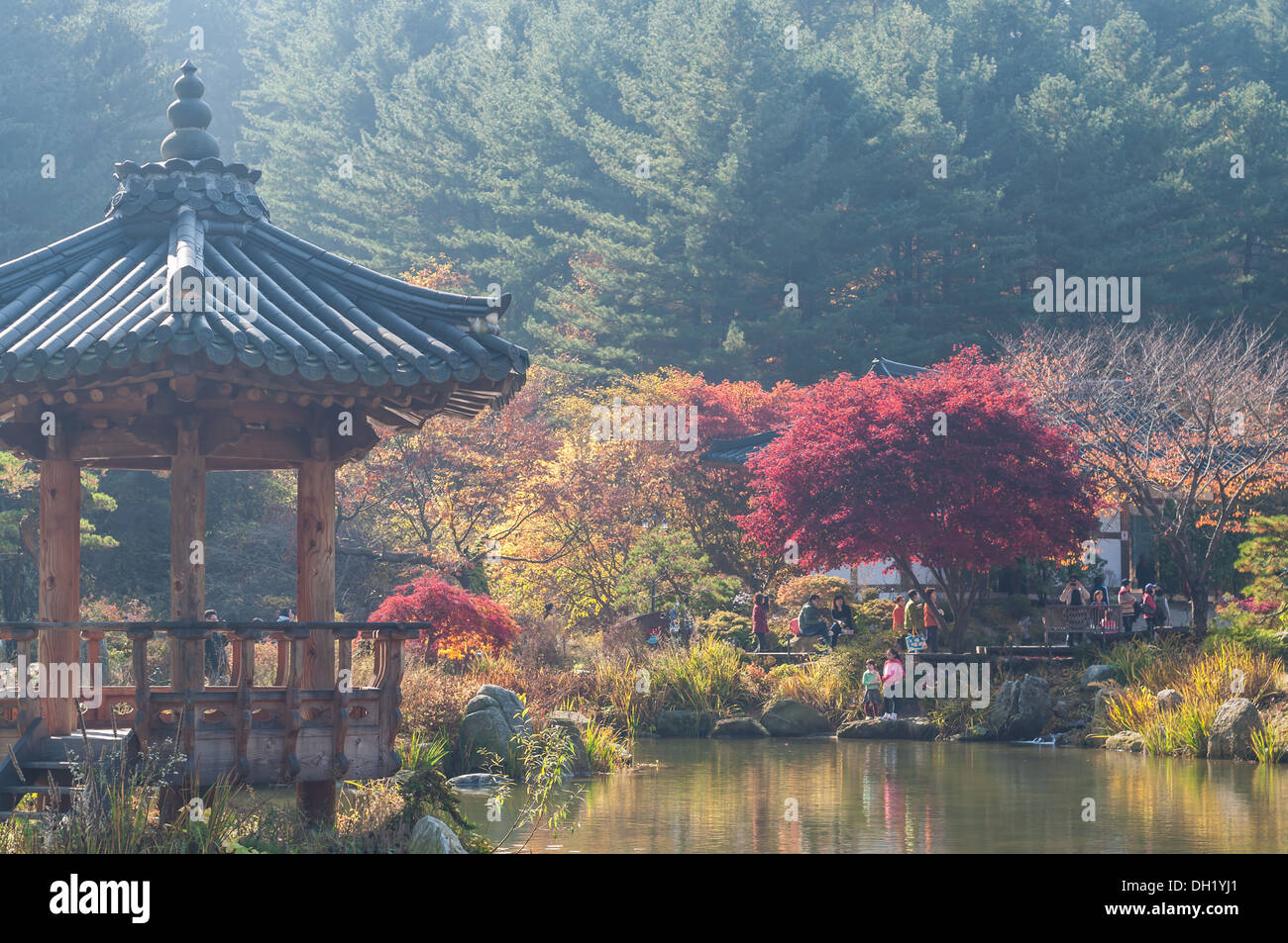 A pavilion sits on a lakeshore in Gapyeong, South Korea Stock Photo ...