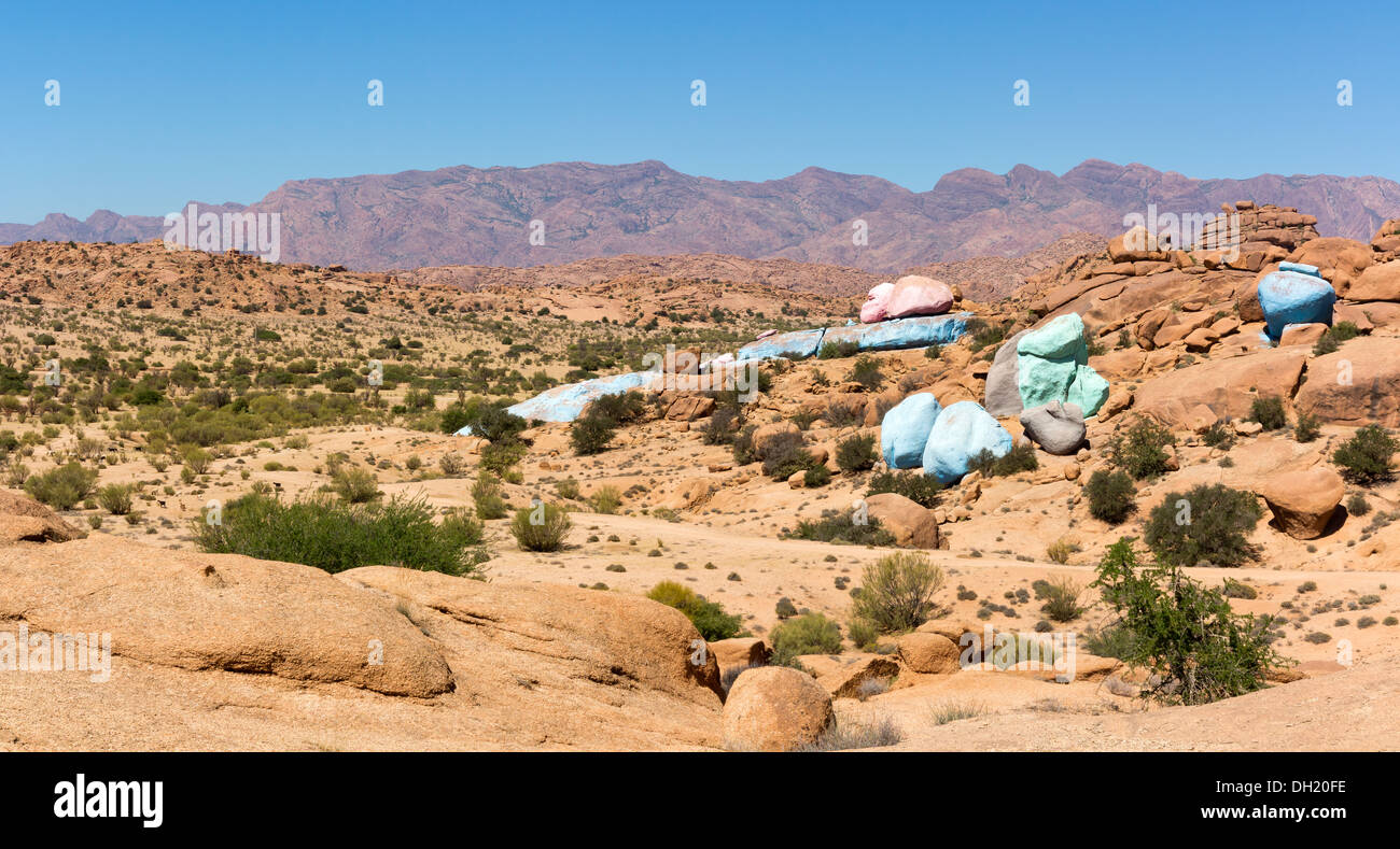 The blue painted granite rocks of Tafaroute in the Anti Atlas mountain ...