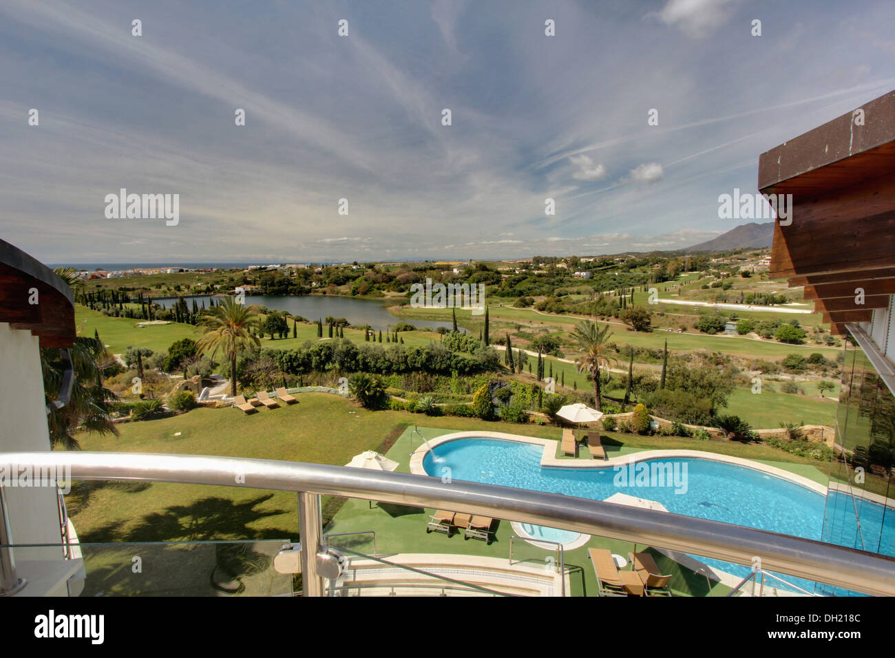 View from apartment balcony of swimming pool in countryside close to ...
