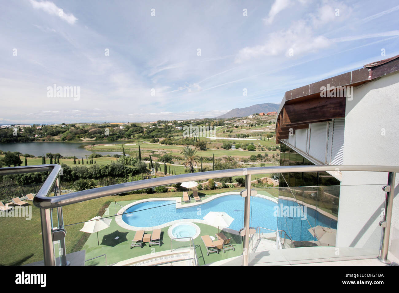 View from apartment balcony of swimming pool in countryside close to ...