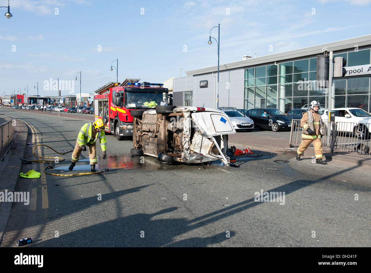 Van overturned Car Crash RTA RTC Accident Fire Stock Photo - Alamy