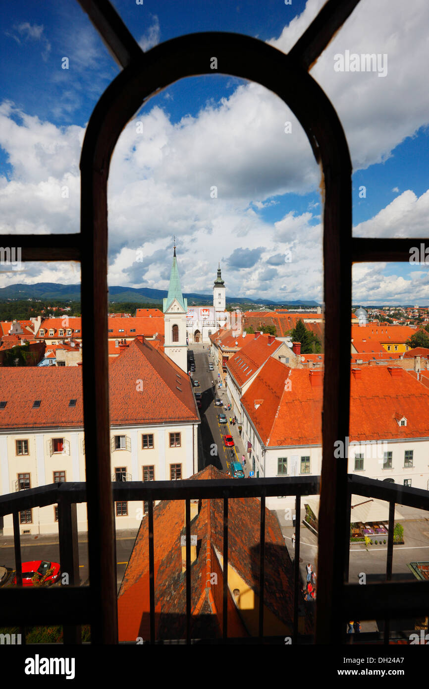 Zagreb town. View trough the window to upper town and st. Mark church ...