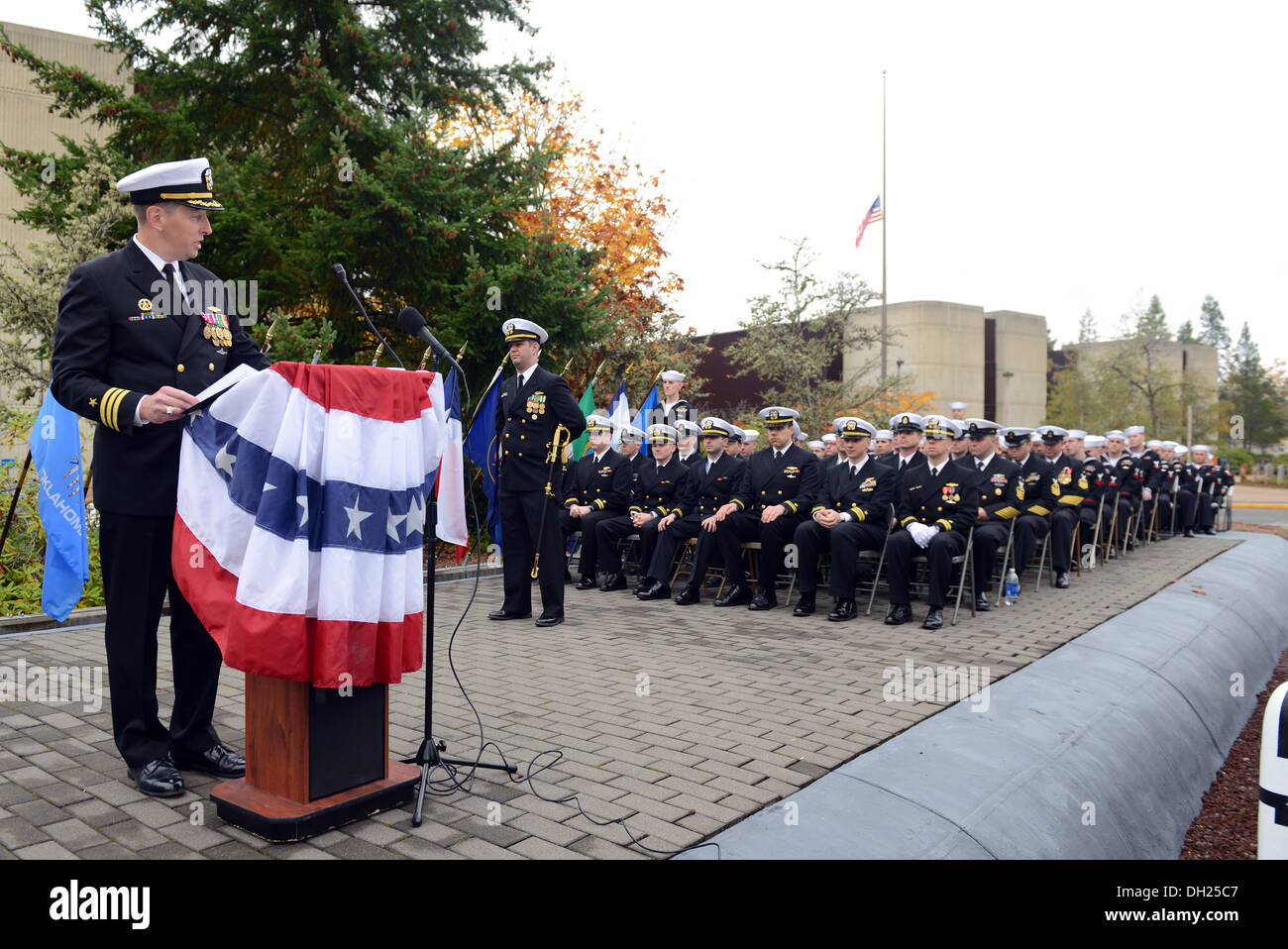 BANGOR, Wash. (Oct. 25, 2013) Cmdr. Richard Massie speaks to the USS ...