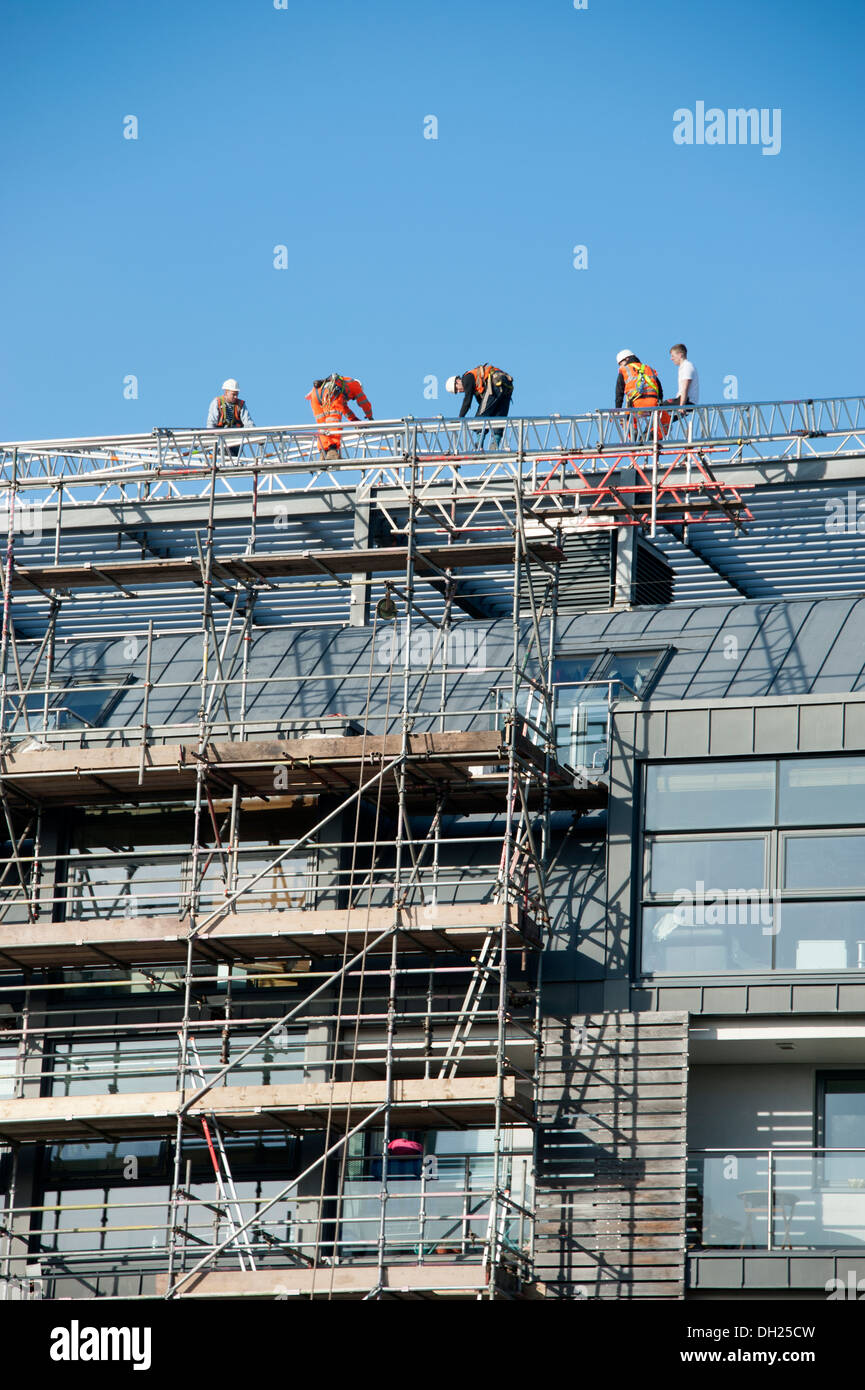 Roofers working on Scaffolding safety Harnesses Stock Photo - Alamy
