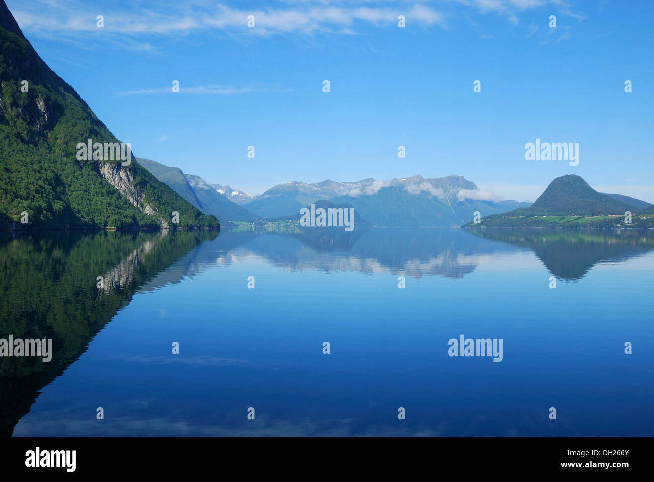 Smooth surface of clear water is reflecting the blue sky and green ...