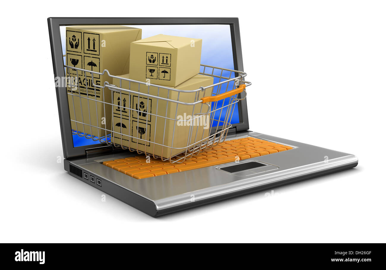 Laptop, Shopping Basket and packages (clipping path included Stock ...
