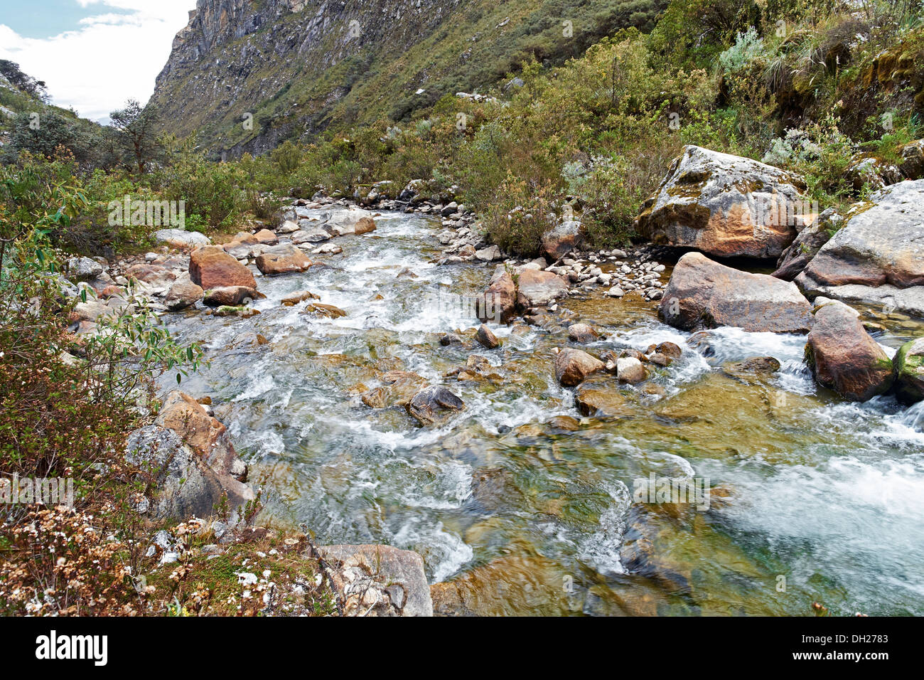 Andean Mountain River in the Cojup valley Peru, South America Stock ...