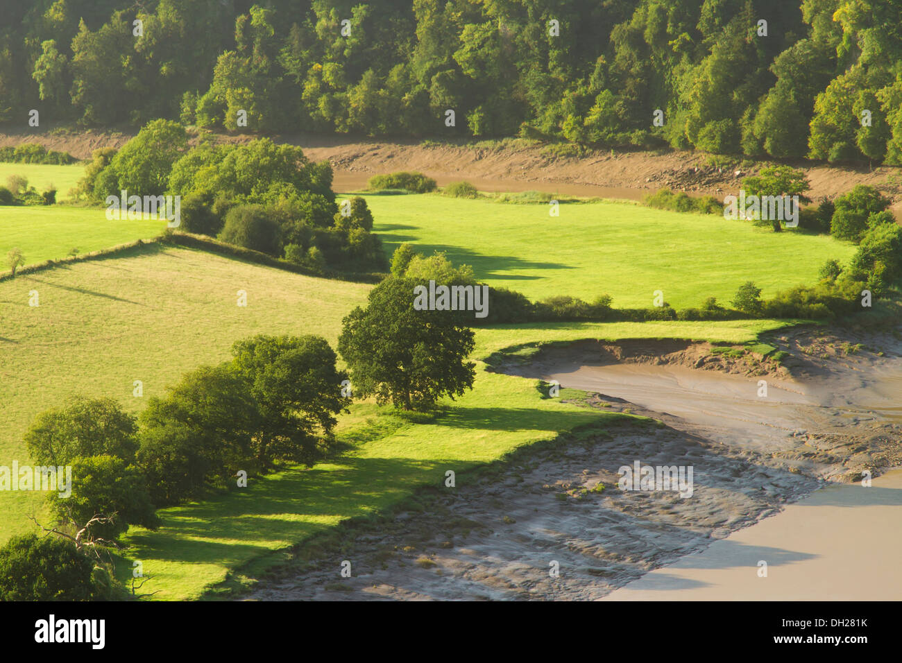 Morning landscape with fields and shadows, River Wye at the Lancaut ...