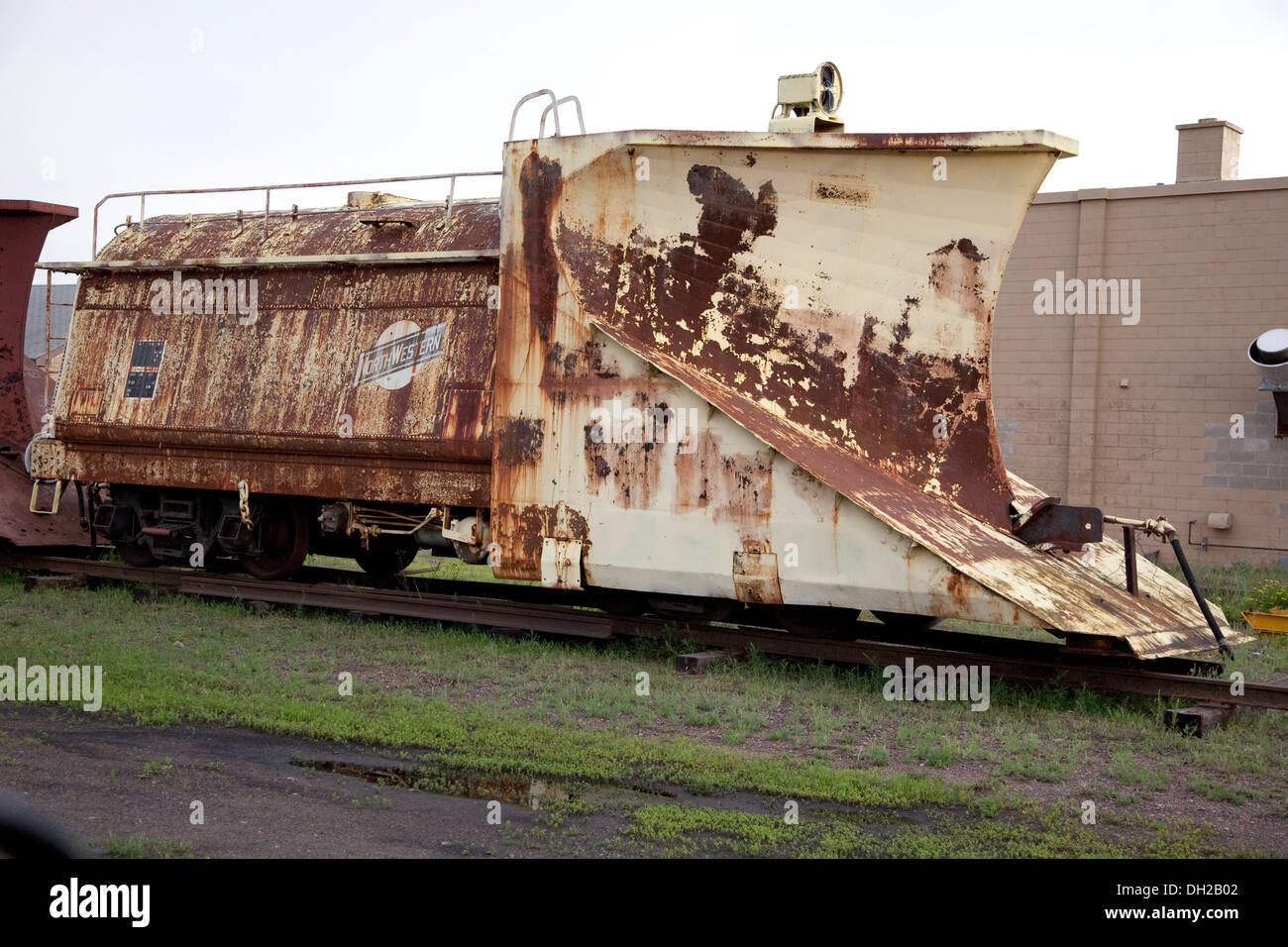 Antique dilapidated railroad snowplow. Great Northern Railroad Spooner ...