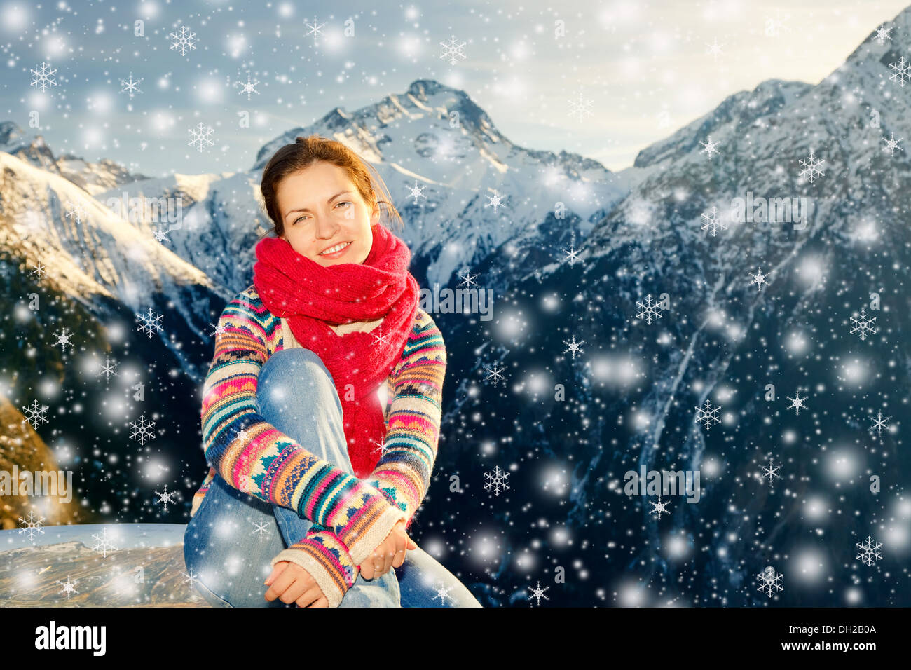 Attractive girl in snowy winter Alps Stock Photo - Alamy