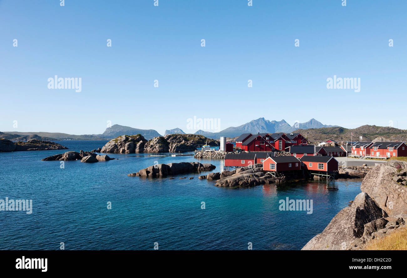 Red fishermen's houses, called rorbuer, holiday resort in Mortsund with ...