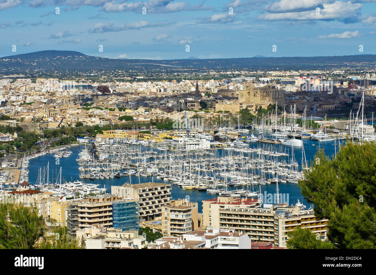 View from the Castillo de Bellver, Bellver Castle, to the town of Palma ...