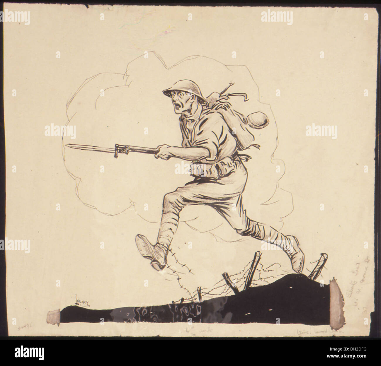 A soldier is seen charging through barbed wire during a World War I ...