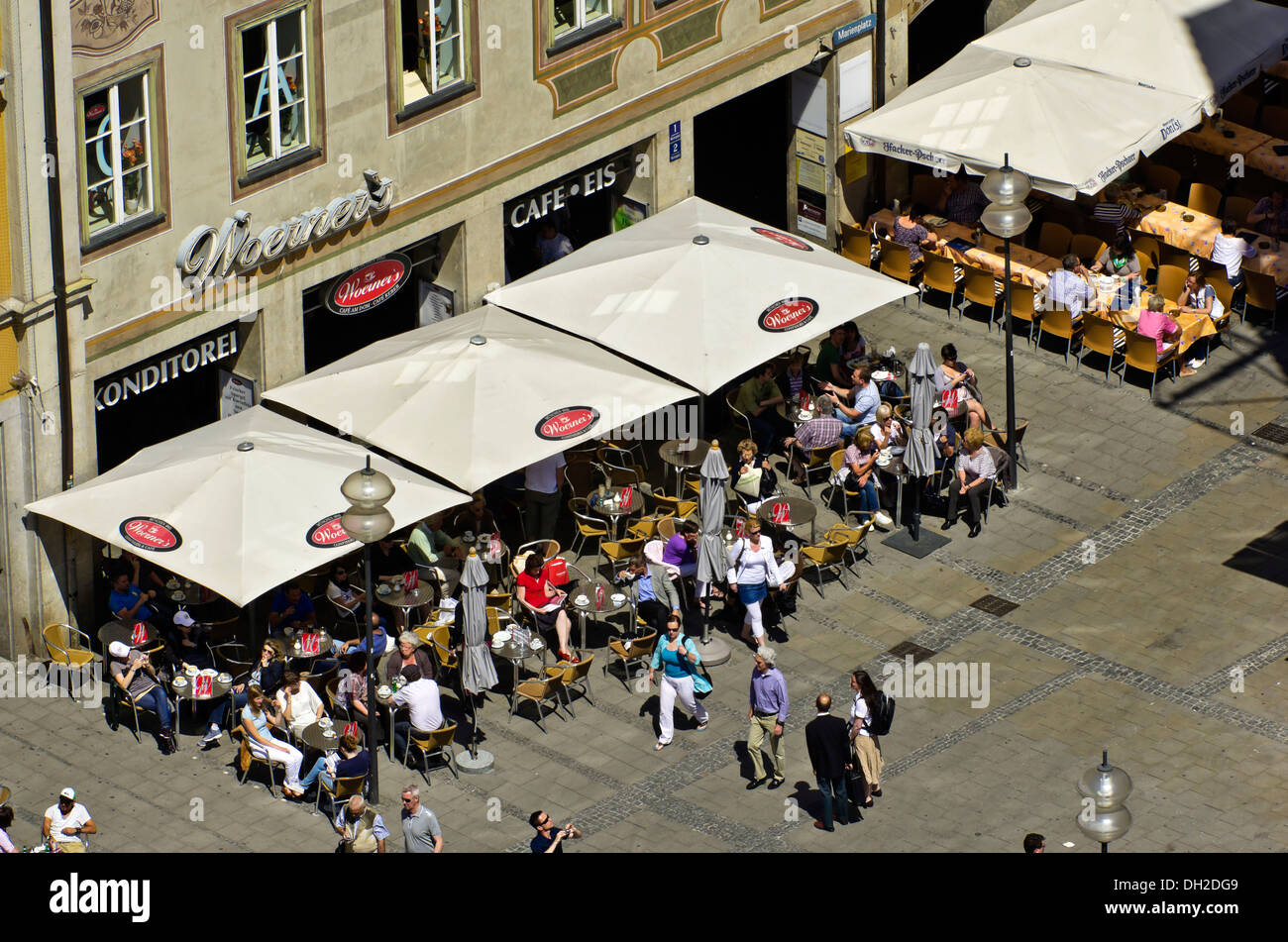 View of street cafes and Marienplatz square, the central point of the ...