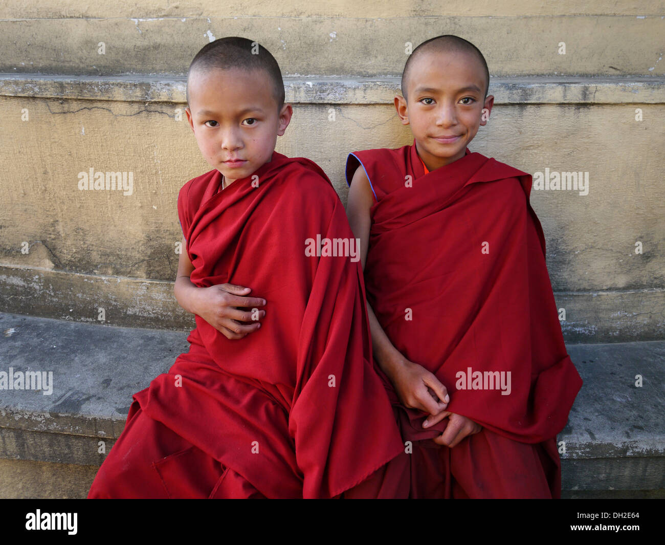 Nepal Tibetan Buddhist monastery at Copan, Kathmandu. Young boy monks ...