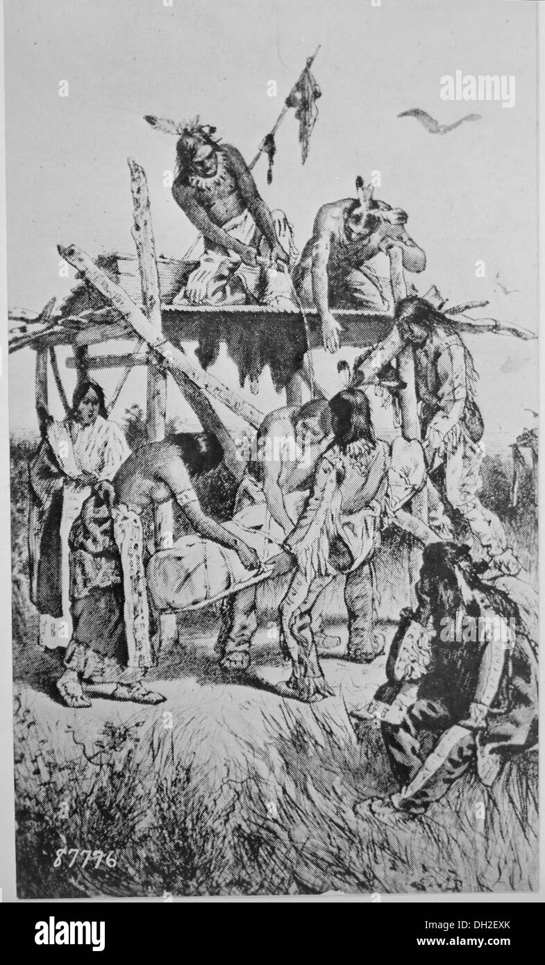 A historical image showing a Dakota scaffold burial from 1880. This ...