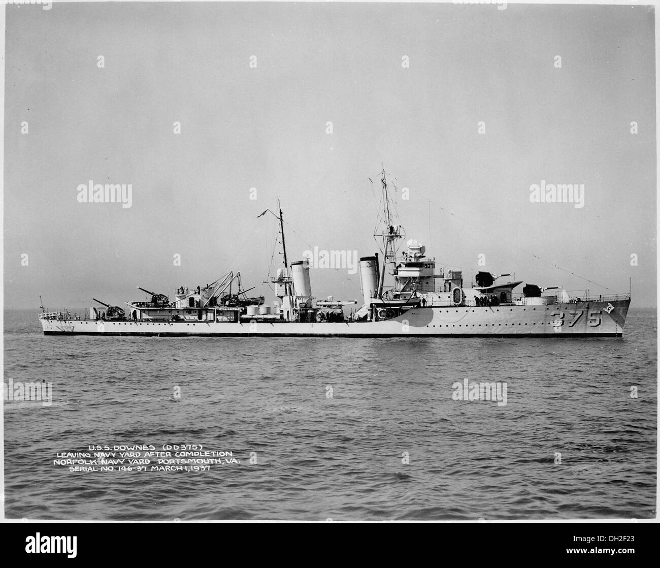 The USS Downes (DD375) is shown underway, captured from the starboard ...