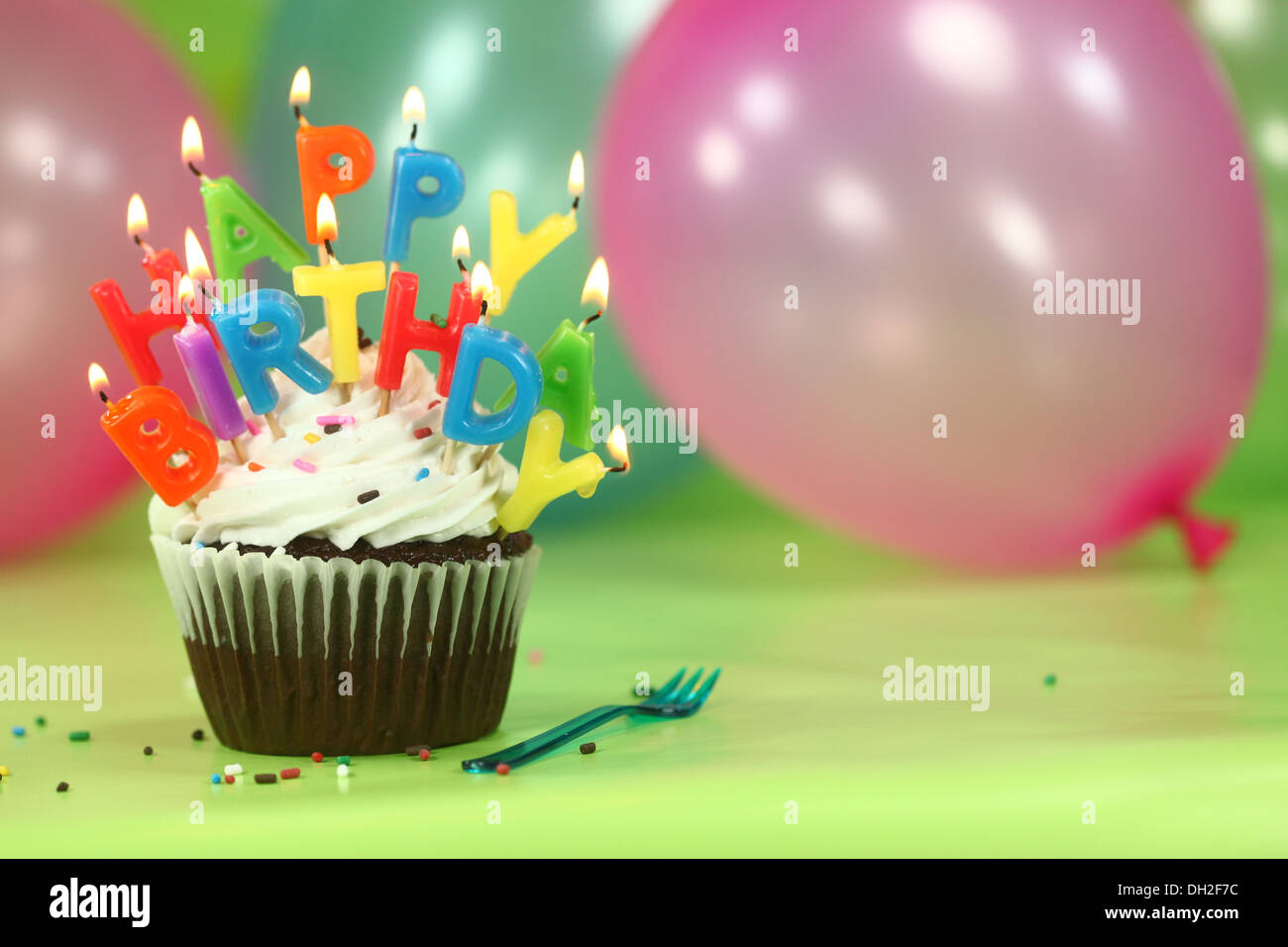 Happy Birthday Celebration with Balloons Candles and Cake Stock Photo ...