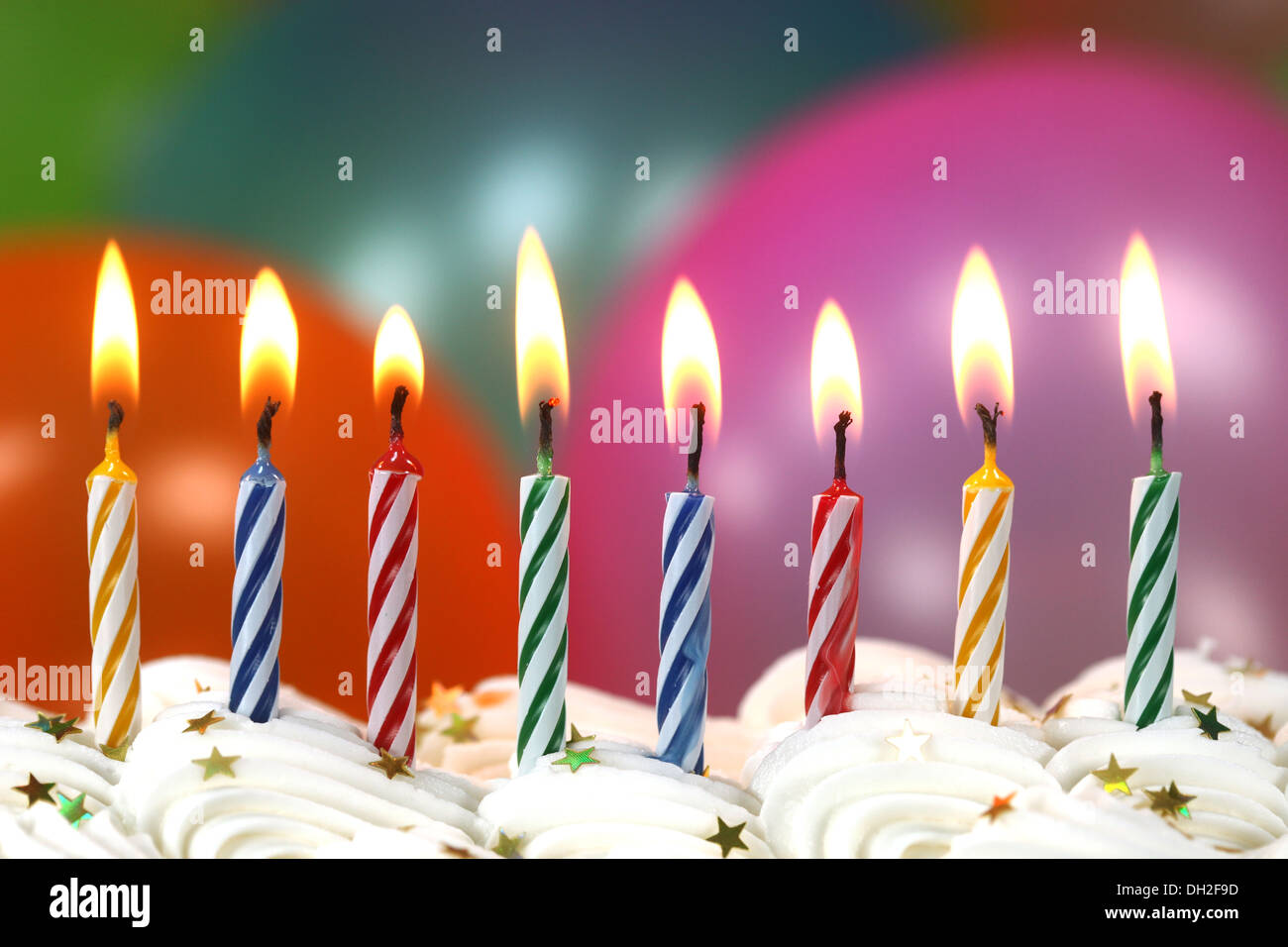 Happy Birthday Celebration with Balloons Candles and Cake Stock Photo ...