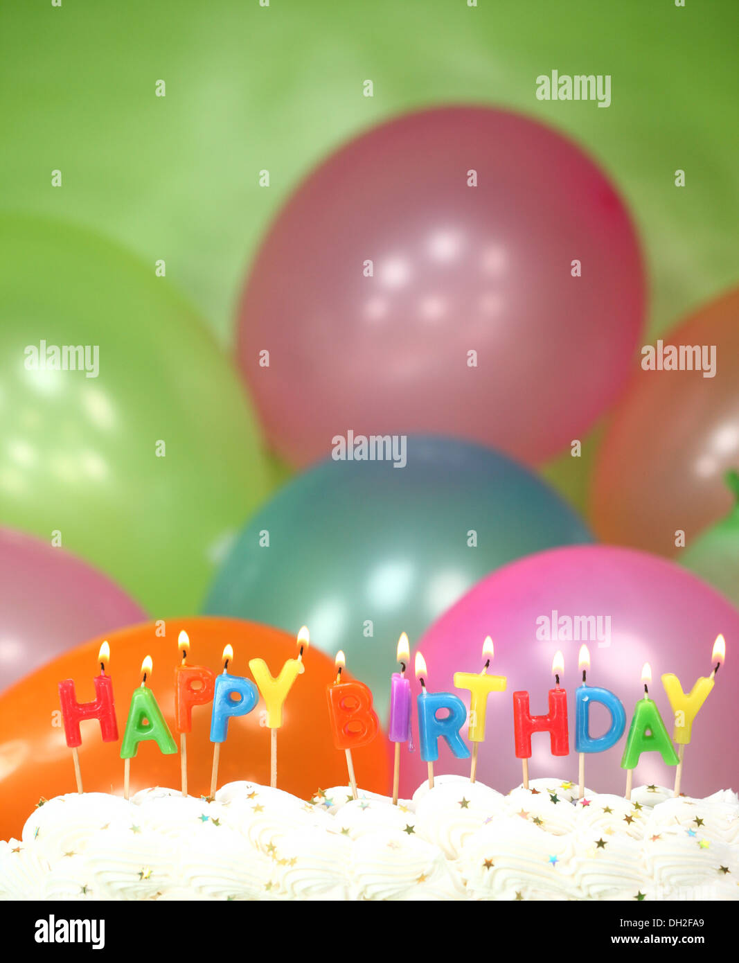 Happy Birthday Celebration with Balloons Candles and Cake Stock Photo ...