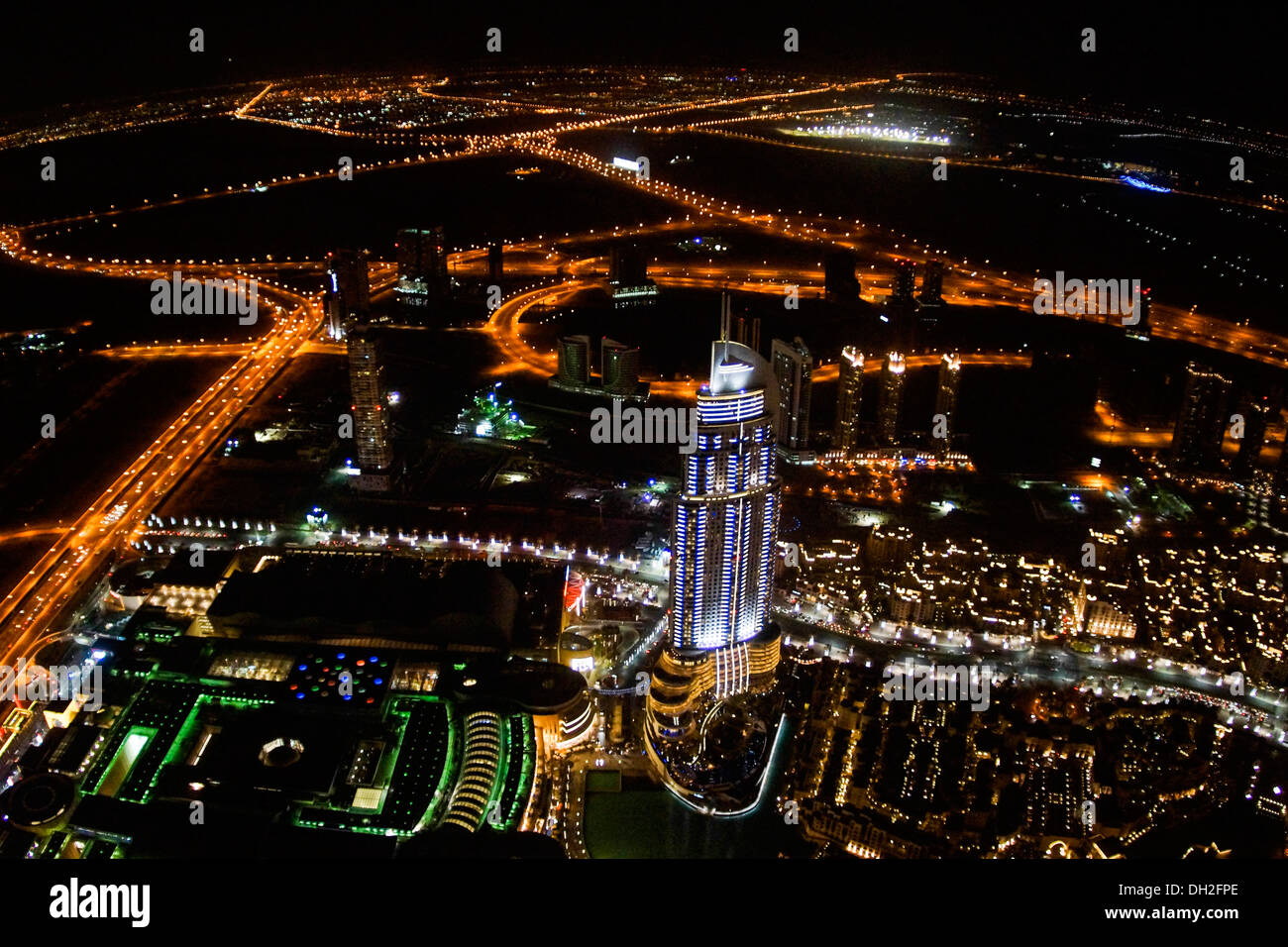 Aerial, night view of downtown Dubai, United Arab Emirates Stock Photo ...
