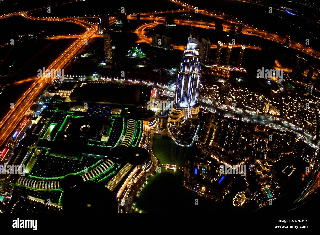 Aerial, night view of downtown Dubai, United Arab Emirates Stock Photo ...