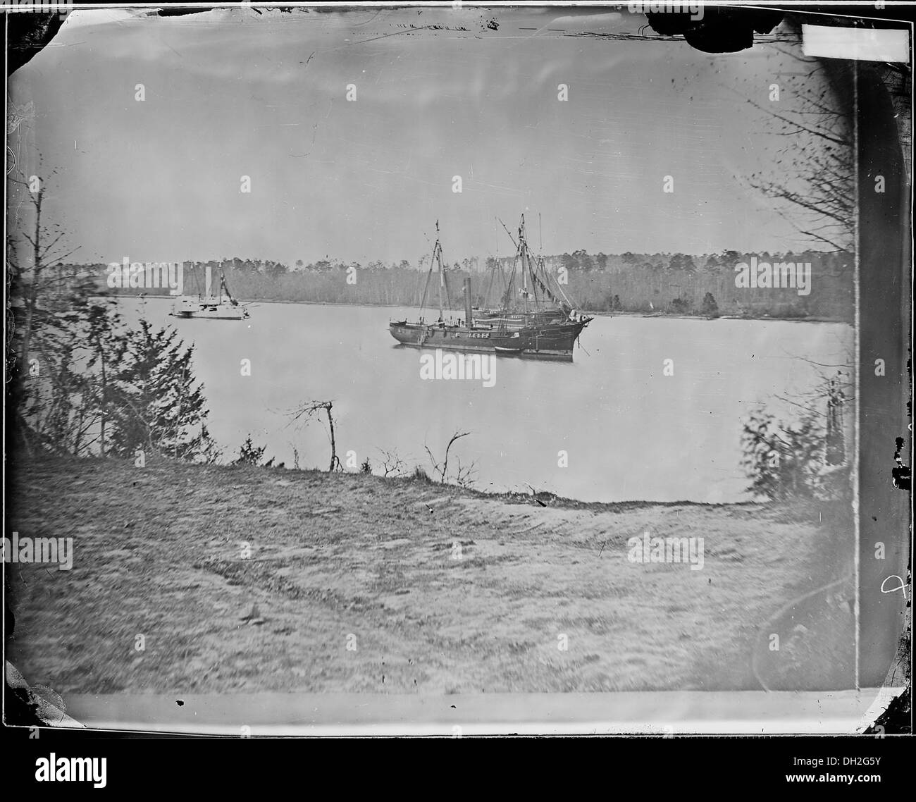The photograph shows a gunboat stationed on the James River, which ...